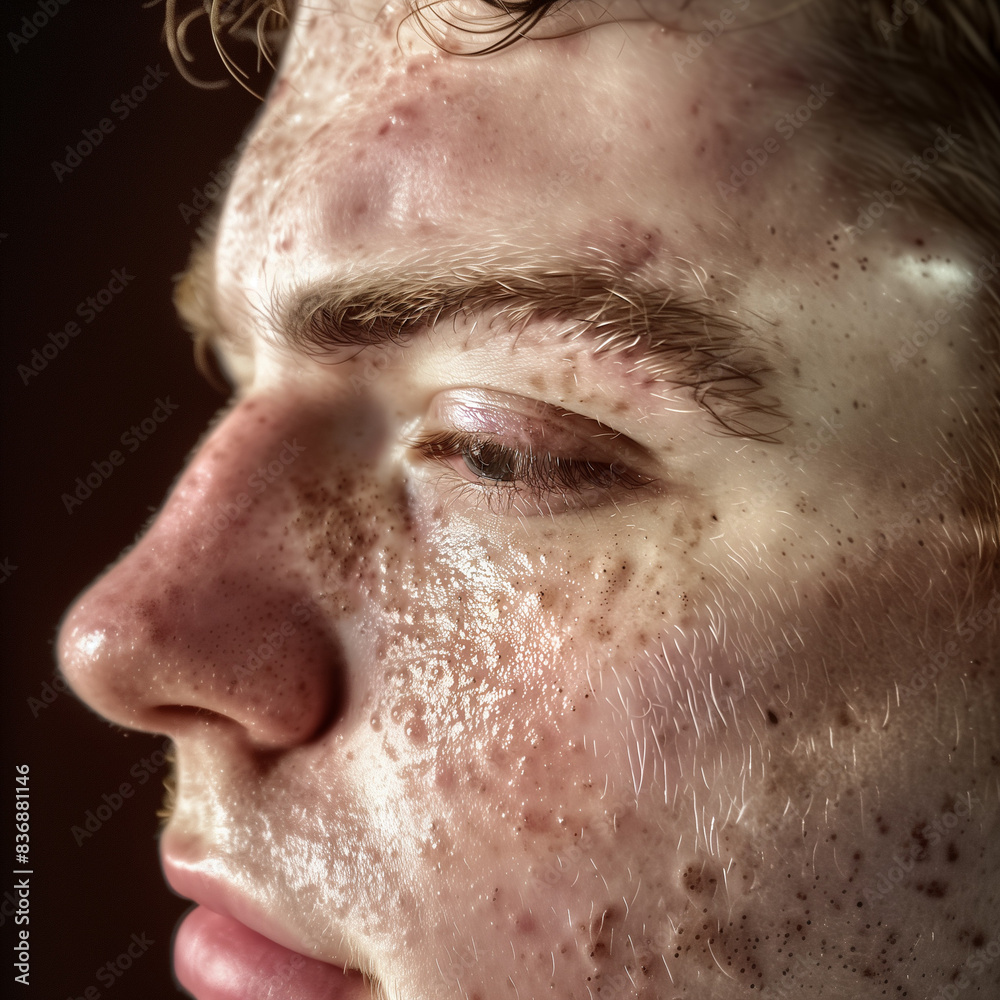 A close-up of a model's skin showing blackheads, acne, and oily texture ...