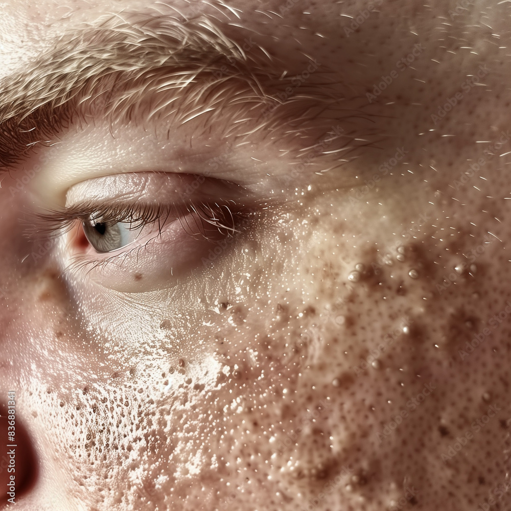 A close-up of a model's skin showing blackheads, acne, and oily texture ...