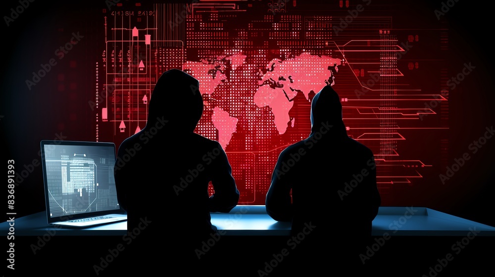 Foto de Silhouettes of two hackers in front of a world map and digital ...