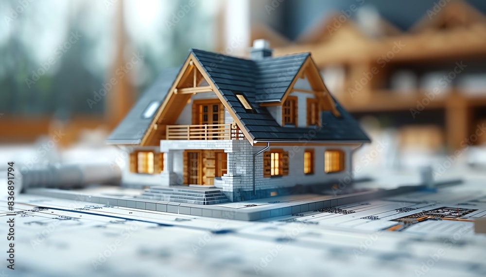 Miniature model house on architectural blueprints, representing real ...