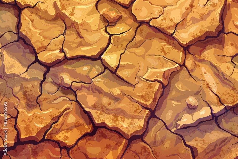 Top view of cracked dry soil, showing a textured earth surface with ...