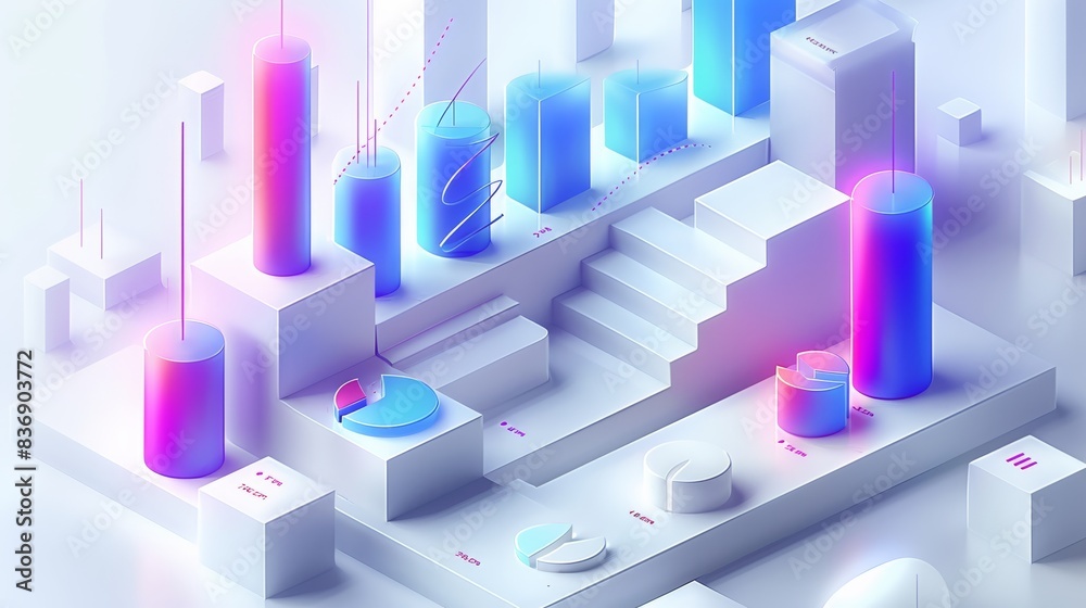 A minimalistic isometric illustration of an icon with bar charts and ...