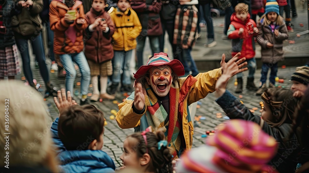 Street clown telling a funny joke, surrounded by a crowd of children ...