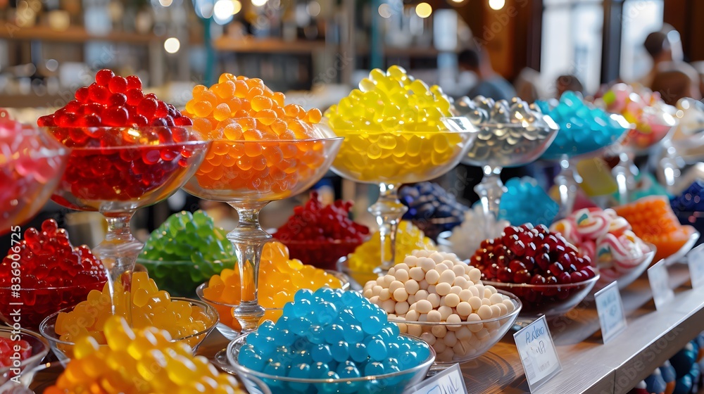 A colorful candy bar with an array of sweets and gummies, including ...