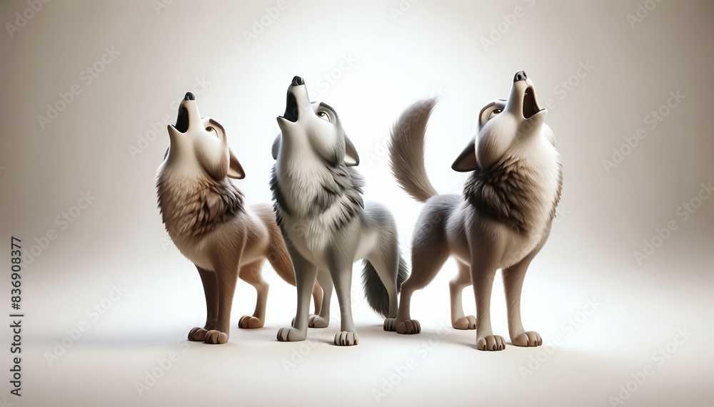 3D caricature: Three howling wolves in a dynamic pose, realistic fur ...