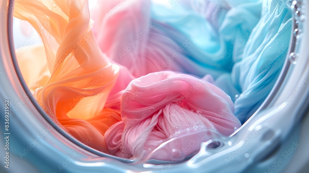 Closeup of colorful pastel fabrics in a washing machine drum, depicting ...
