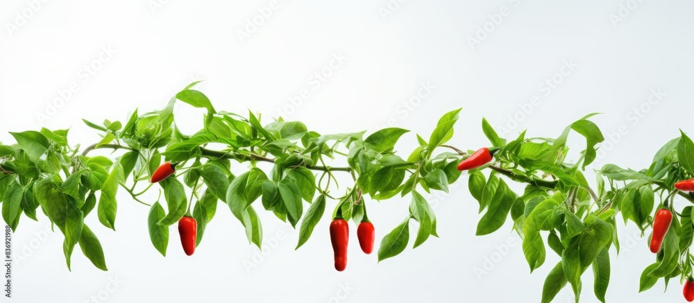 Capsicum annuum plant with green chili leaves set against a white ...