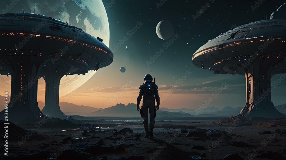 an astronaut standing on a barren, alien landscape, facing two large ...