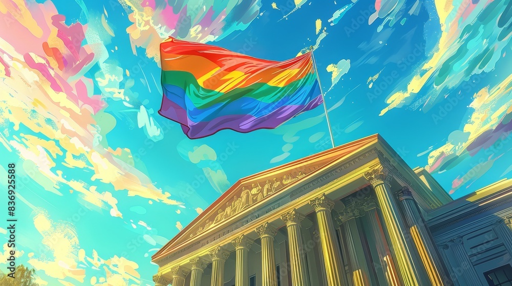 Pride rights justice symbolized by a rainbow flag flying high above a ...