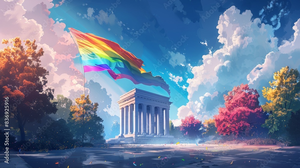 Pride visibility awareness illustrated by a rainbow flag draped over a ...