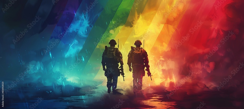 Silhouette of military soldier with rainbow background. LGBT pride ...