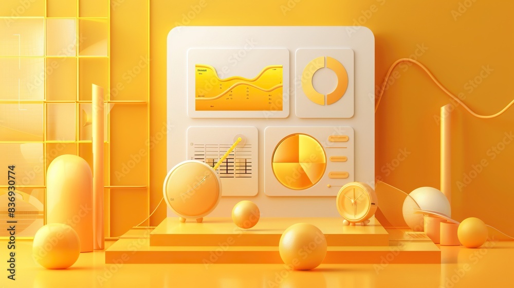 Abstract Data Visualization in Yellow Tones Description: 3D rendered illustration of a yellow ...