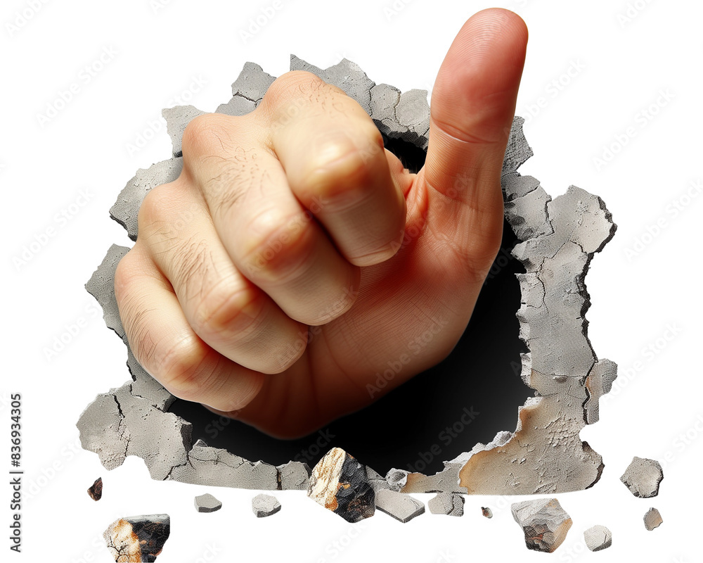 Thumbs Up Hand Gesture Breaking Through Wall on Transparent Background ...