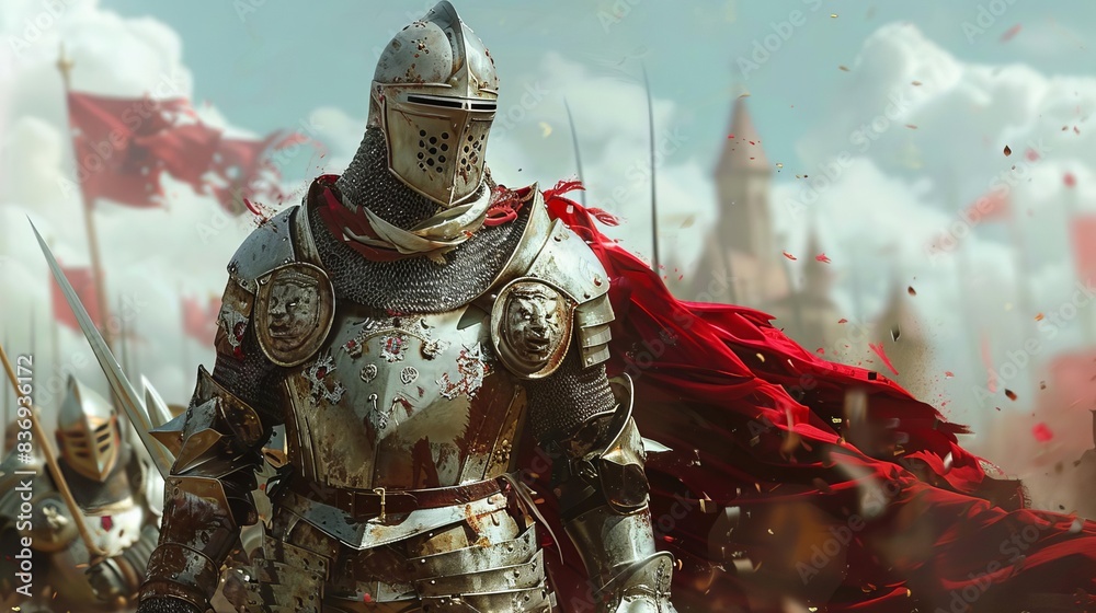 Capture a knight in shining armor in a heroic stance, with a fantasy ...