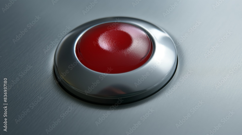 Shiny red button on a sleek metallic surface, exuding a sense of ...
