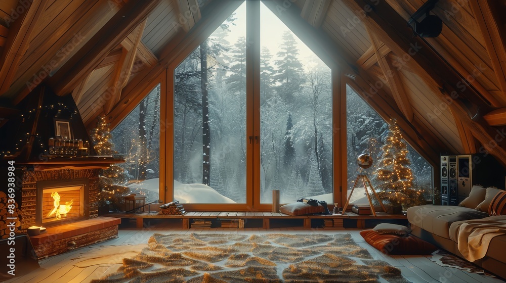 Inside of a frame cabin in the snowed forest, with large window, wooden ...