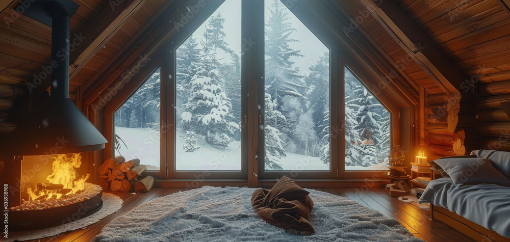 Inside of a frame cabin in the snowed forest, with large window, wooden ...