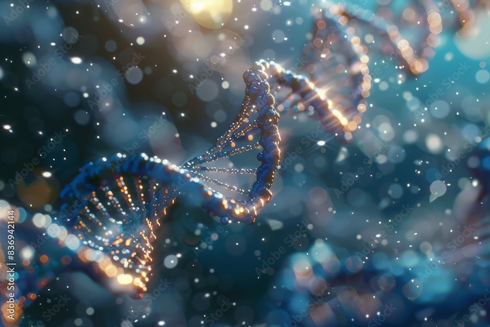 Artistic depiction of sparkling DNA strands amidst a winter-like ...
