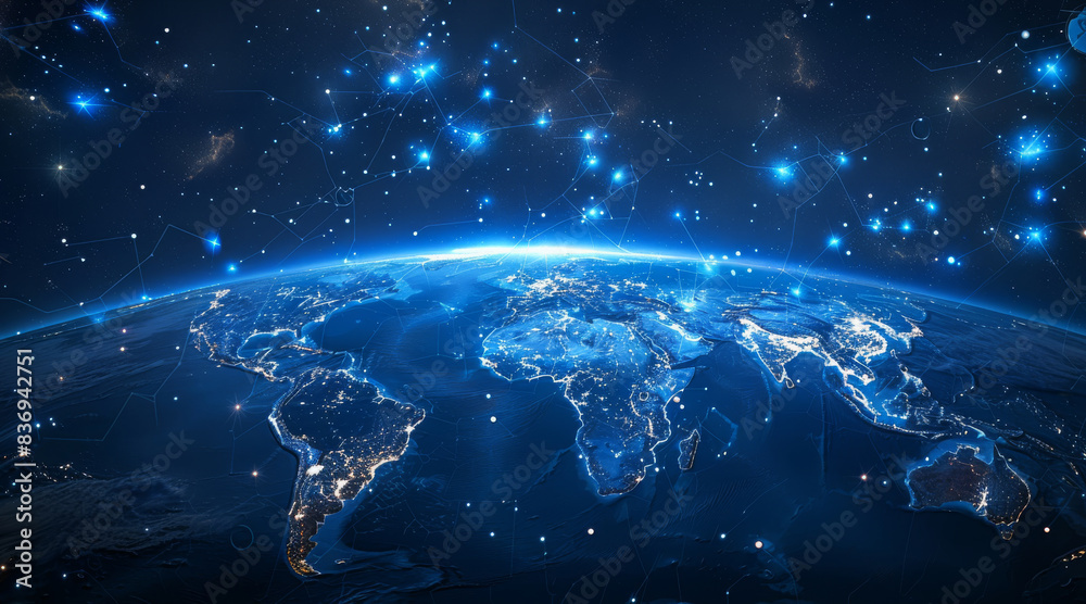 Dark blue pure background, shining stars on the world map, Asian plate ...