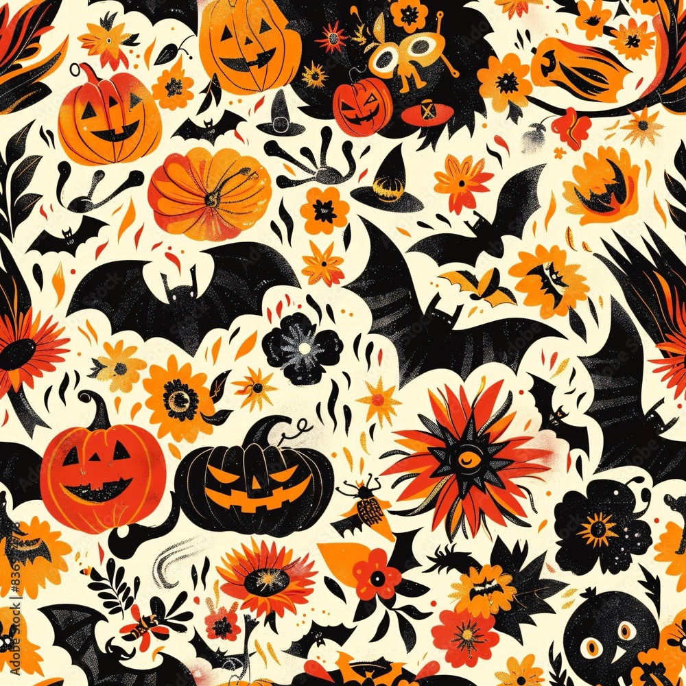 A seamless pattern featuring detailed depictions of vintage Halloween ...