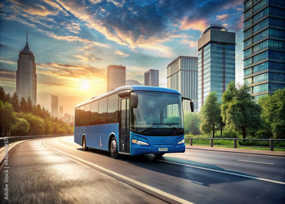 Blue bus traveling on city road in early morning, bus, blue, city, road ...