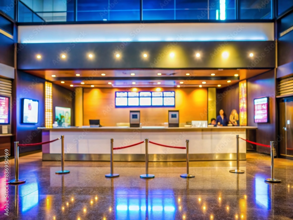 Blurred image of ticket sales counter at movie theater with empty ...