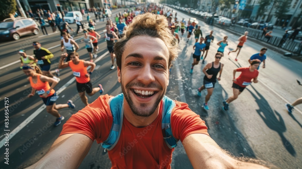 Young man marathon runner is taking a selfie picture while running a ...