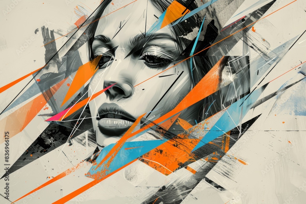 Abstract artistic portrait of a young woman with blue eyes painted face ...