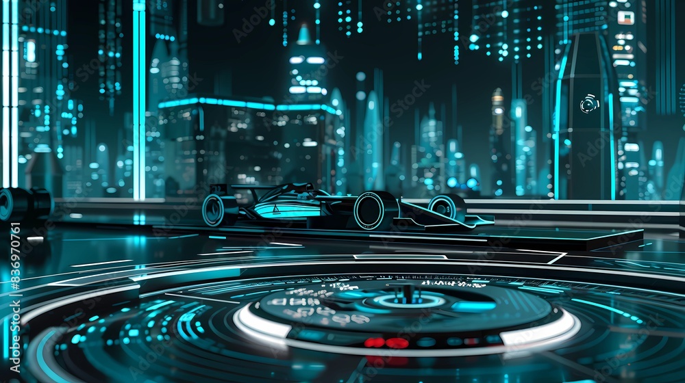 A tron-style race track with an F1 car Holographic buildings and ...