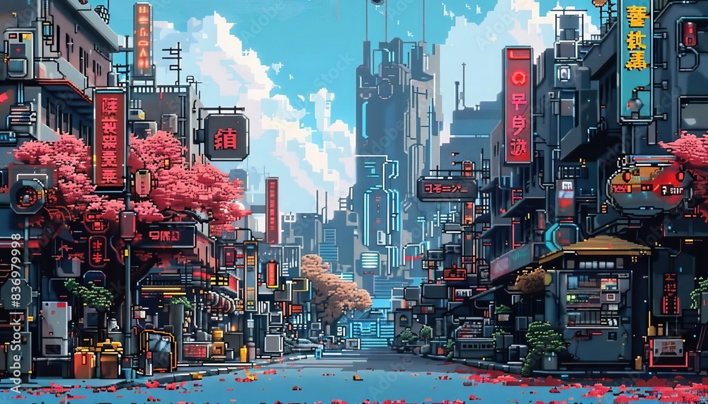 Vibrant urban street scene with cherry blossoms and neon signs ...