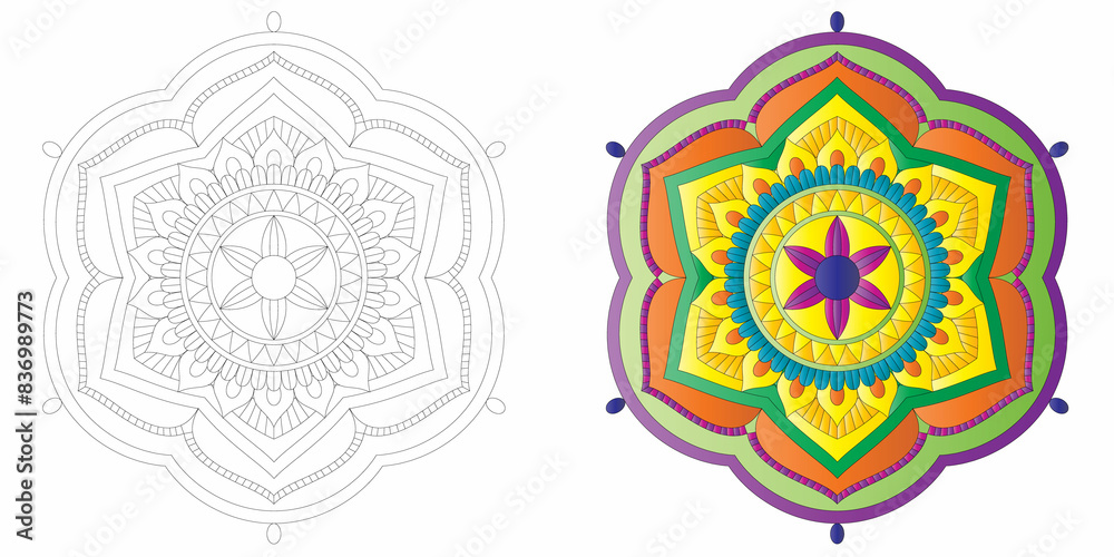Easy Mandala Coloring Page with Completed Colored Example for ...