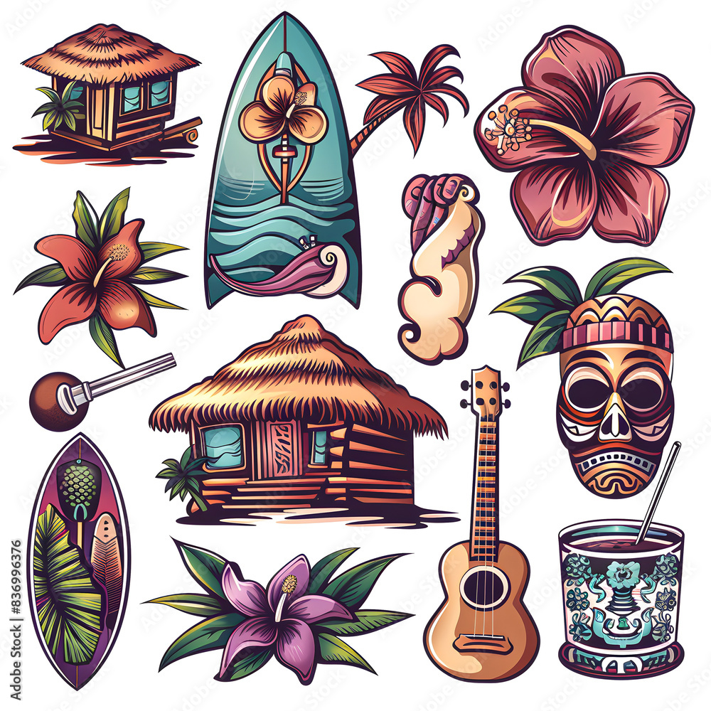 Vector Illustrations of traditional symbols of Hawaiian culture set ...