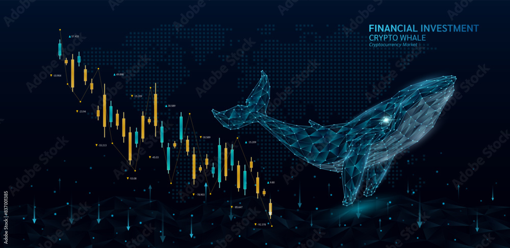 Blue whale shapes polygon and candlestick. Cryptocurrency stock market ...