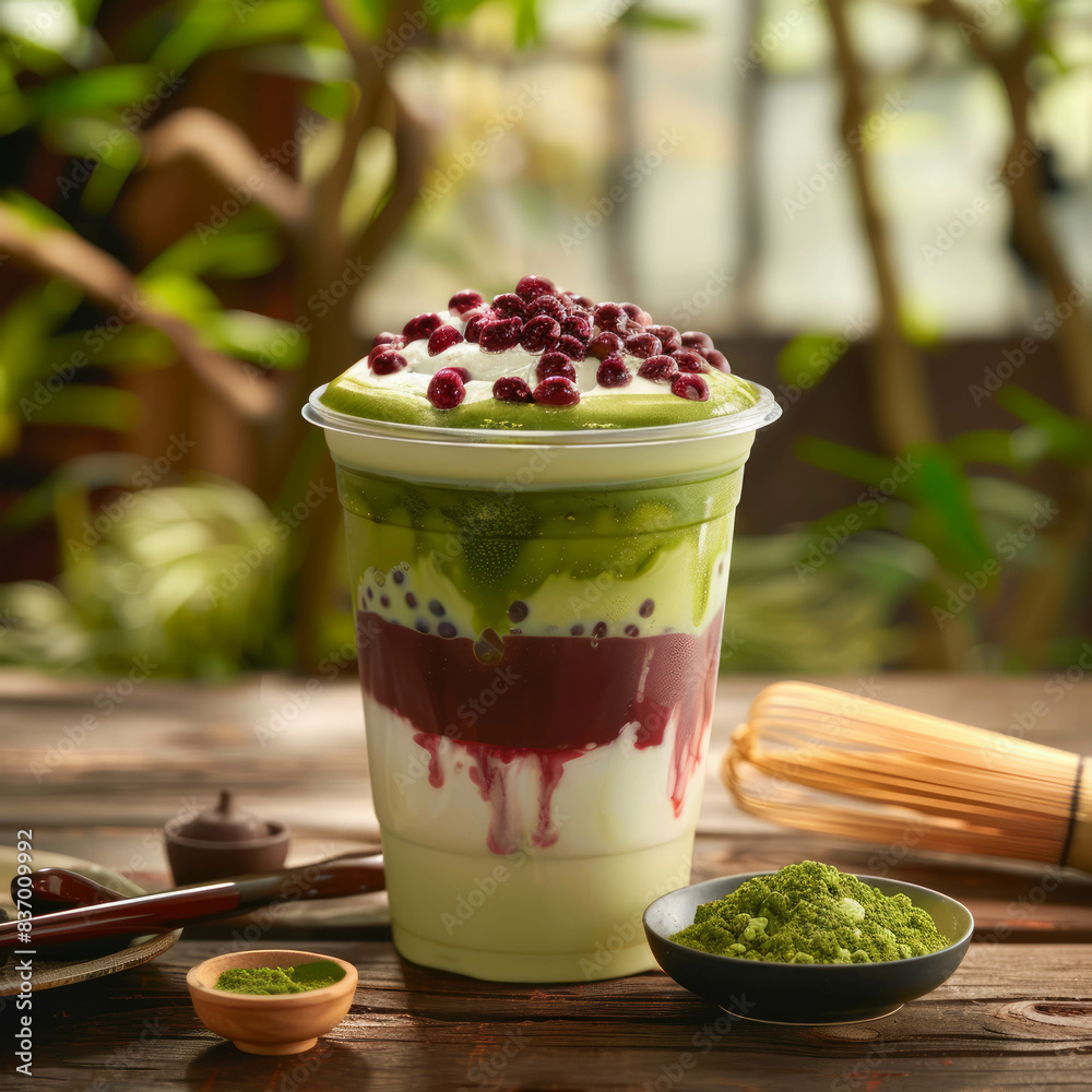 This matcha latte in a transparent disposable cup displays beautiful ...