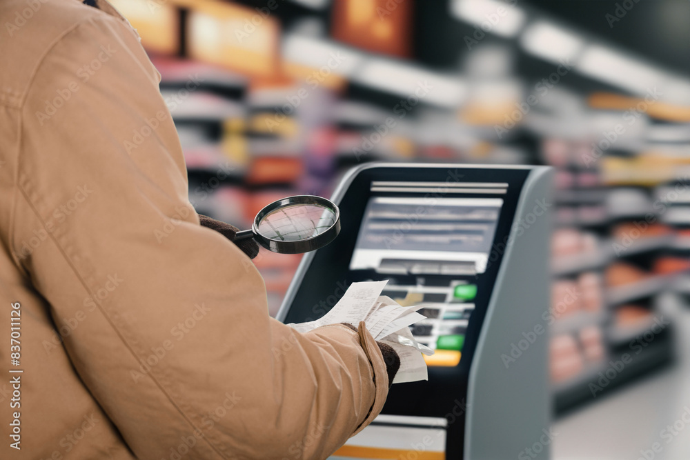 Male client checking shopping receipt at self-service checkout in ...