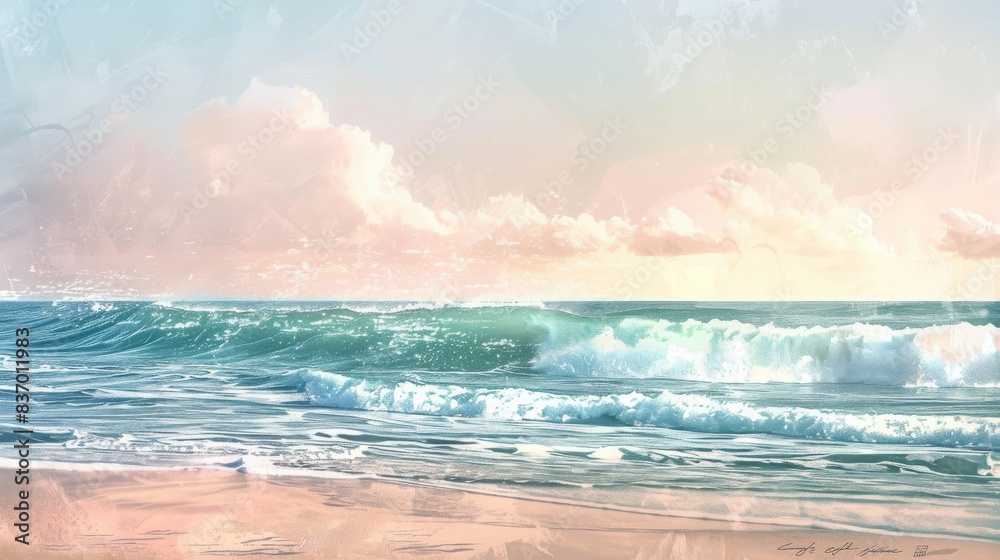 Peaceful Beach Scene with Repeating Wave Patterns and Pastel Sky Stock ...