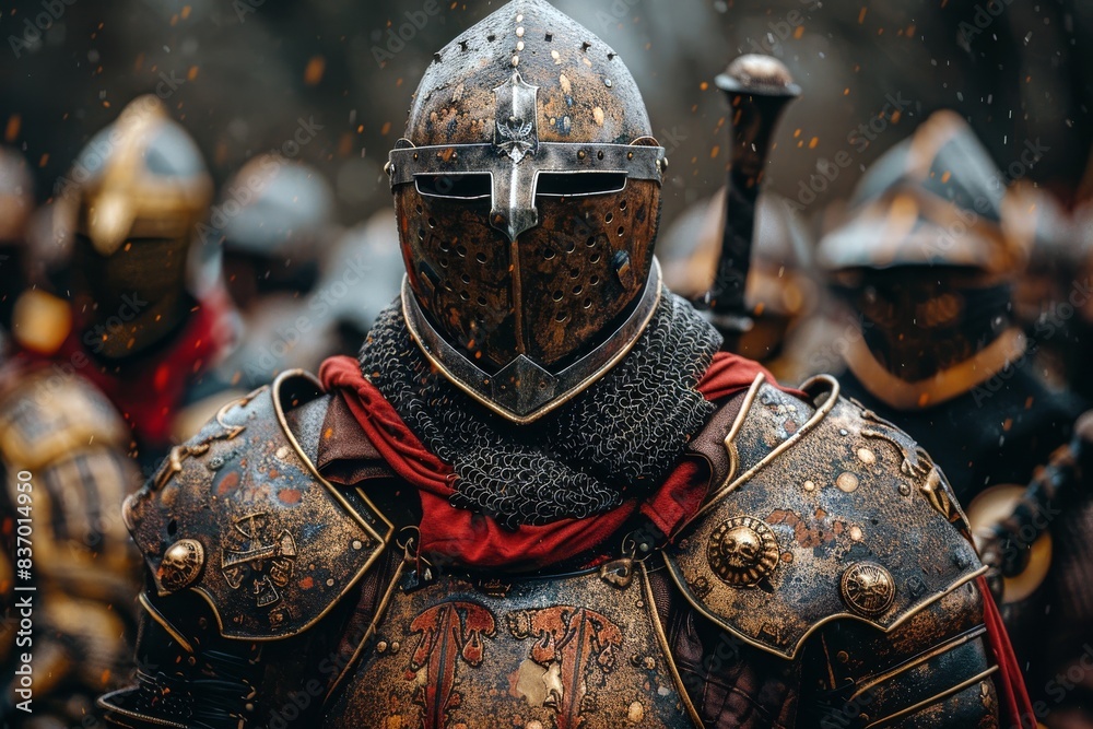 Medieval knight in full armor with battle-worn details and helmet Stock ...