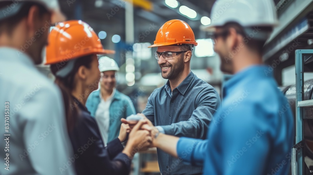 Engineering team members shaking hands and smiling, marking the ...