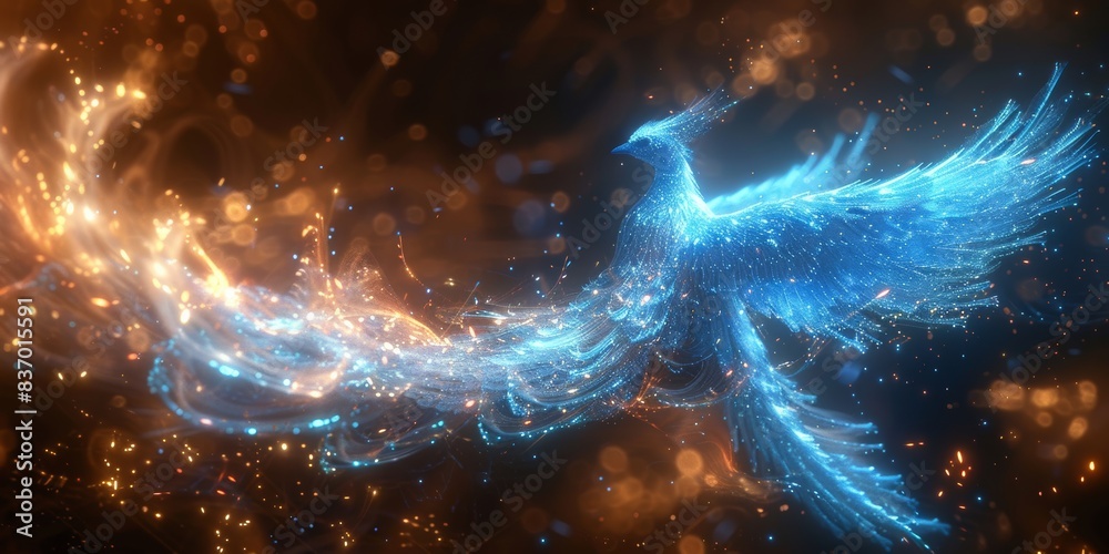 The blue technology inspired phoenix's wireframe unfolds its huge wings ...