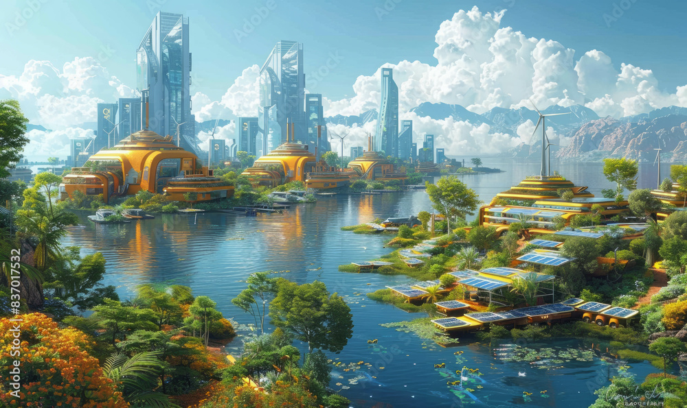 A vision of an utopian green city with renewable energy sources such as ...