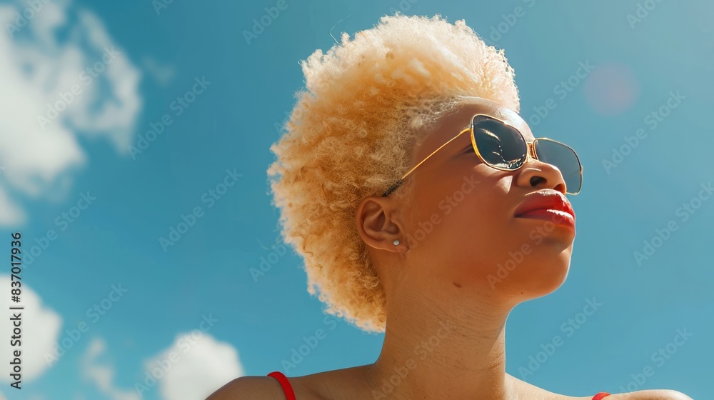Glamourous black albino woman sunbathing on vacation Candid female with ...