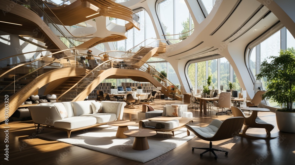 A modern open-plan office with flexible seating options, collaborative ...