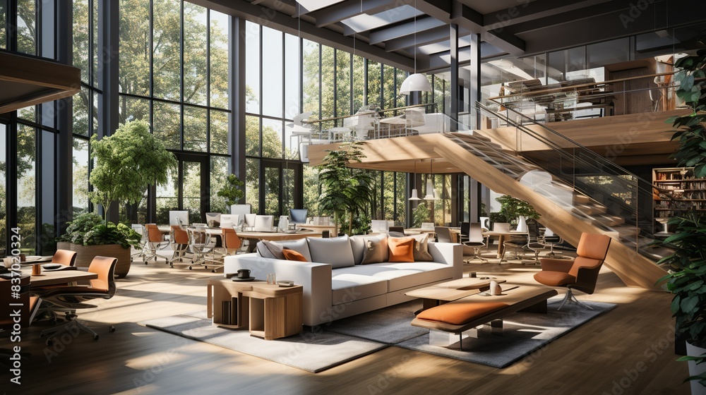 A modern open-plan office with flexible seating options, collaborative ...