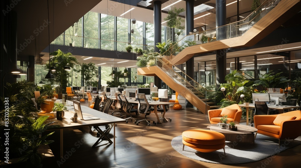 A modern open-plan office with flexible seating options, collaborative ...