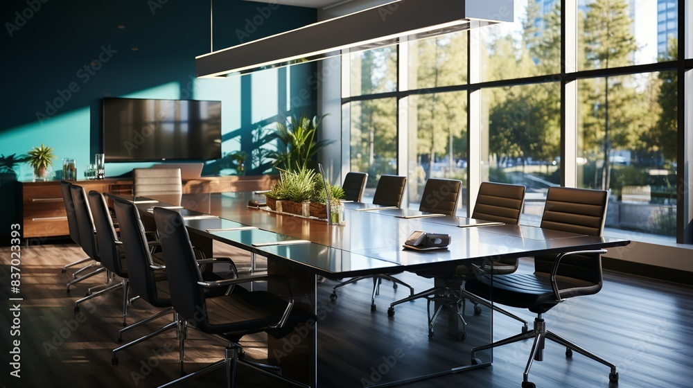 A sleek and modern conference room with a large conference table ...