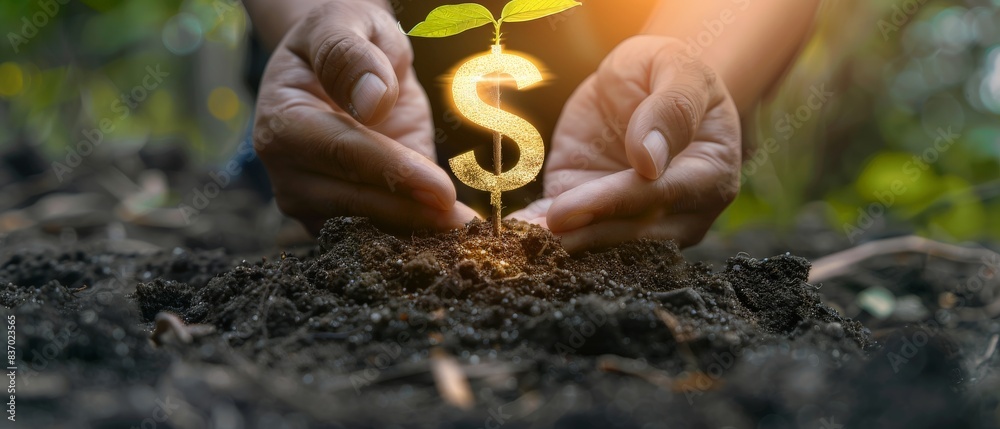 Hands protectively cupping a young plant seedling, surrounded by dollar ...
