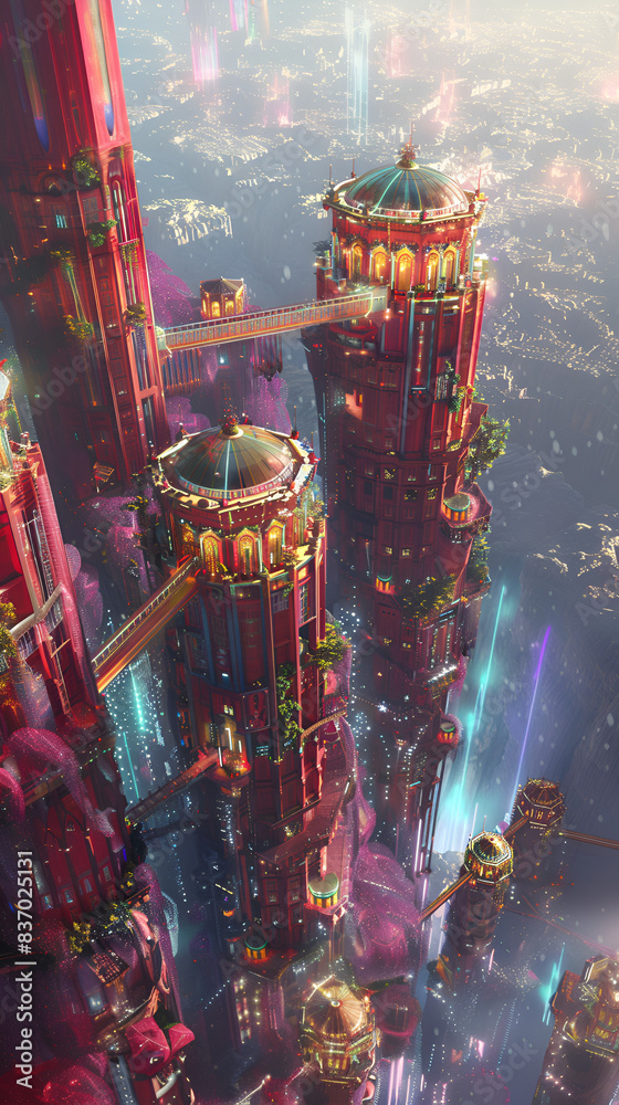 a far up sky view looking down on a large multi colored neon metroplex ...