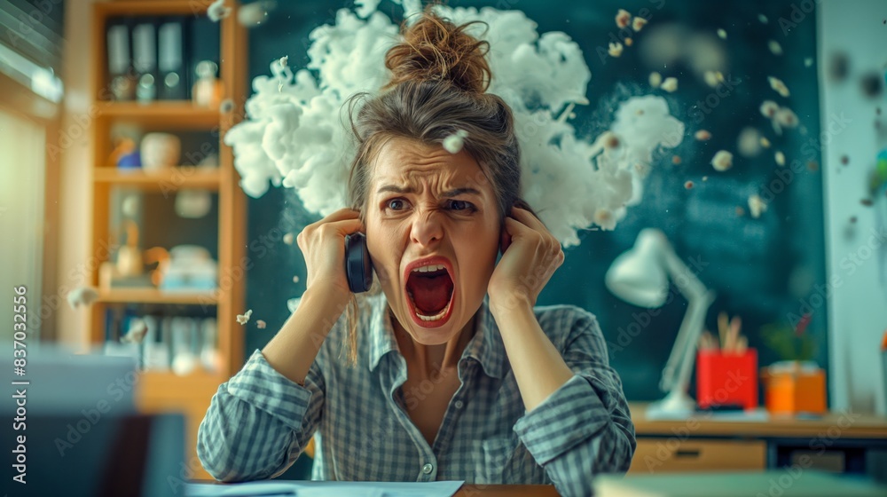 A frustrated woman in a plaid shirt is screaming into a phone with an ...