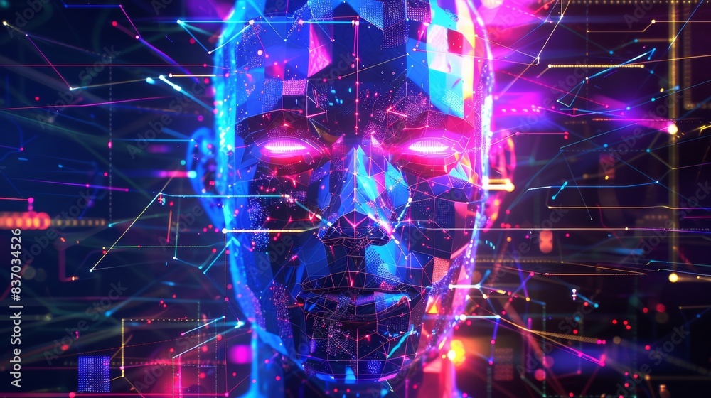 A striking portrayal of an AI-generated face, mapped out with digital ...