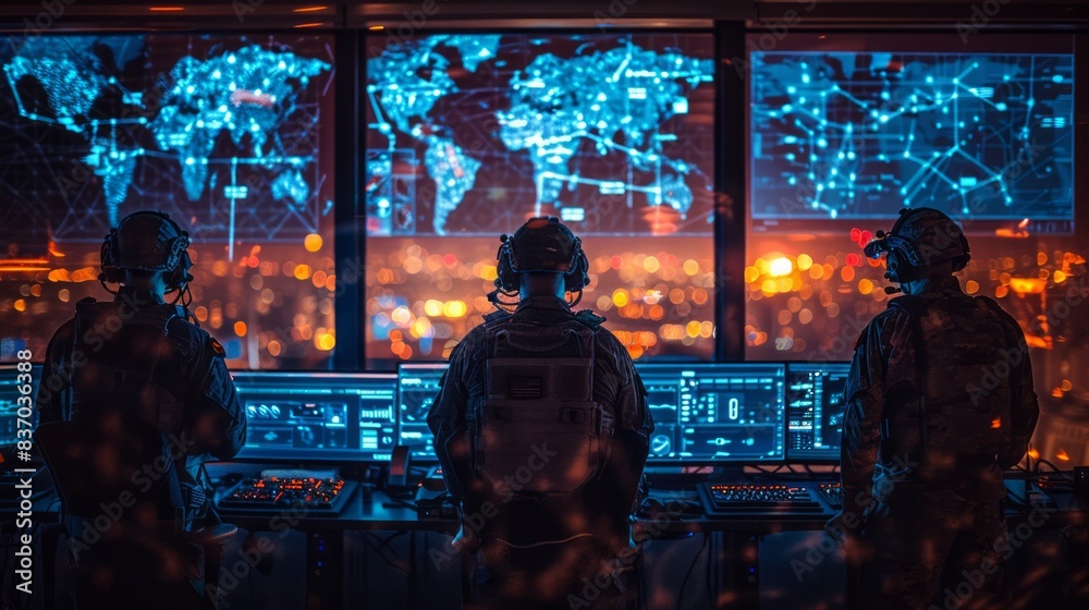 Command and control center with military commanders coordinating ...